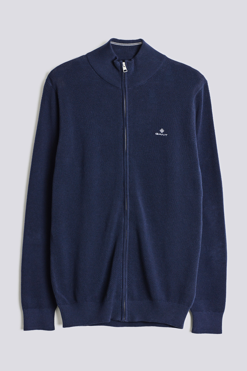SVETR GANT COTTON PIQUE ZIP CARDIGAN evening blue | GANT CZ