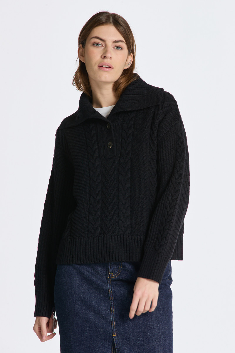 GARBÓ GANT CABLE TEXTURE BUTTONED ROLL NECK EBONY BLACK | GANT HU